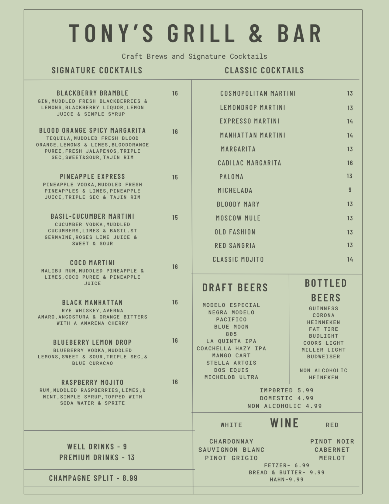 Drinks | Tony's Grill & Bar